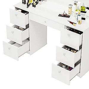 Boahaus Artemisia Vanity Makeup Desk with 7 Drawers, Full-Width Framless Hollywood Mirror, White Vanity Dresser with Mirror, Basic Knobs, Modern Painted Makeup Table for Bedroom (New Version 04/2023)