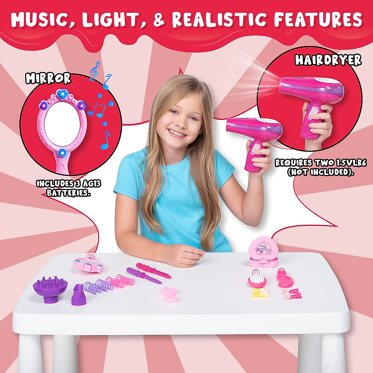 JOYIN 17Pcs Girls Beauty Salon Set, Pretend Play Doll Hair Stylist Toy Kit with Hairdryer, Mirror, Curling Iron and Other Accessories for Kids Toddler Fashion Cutting Makeup Party Favor, Birthday Gift