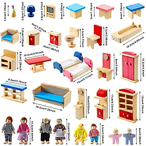 Sumind 35 Pcs Wooden Doll House Furniture and Accessories Set with 27 Pcs Dollhouse Furniture 8 Pcs Doll House Dolls Family Doll Furniture Small Dolls for Dollhouse Family Set Dollhouse Accessories