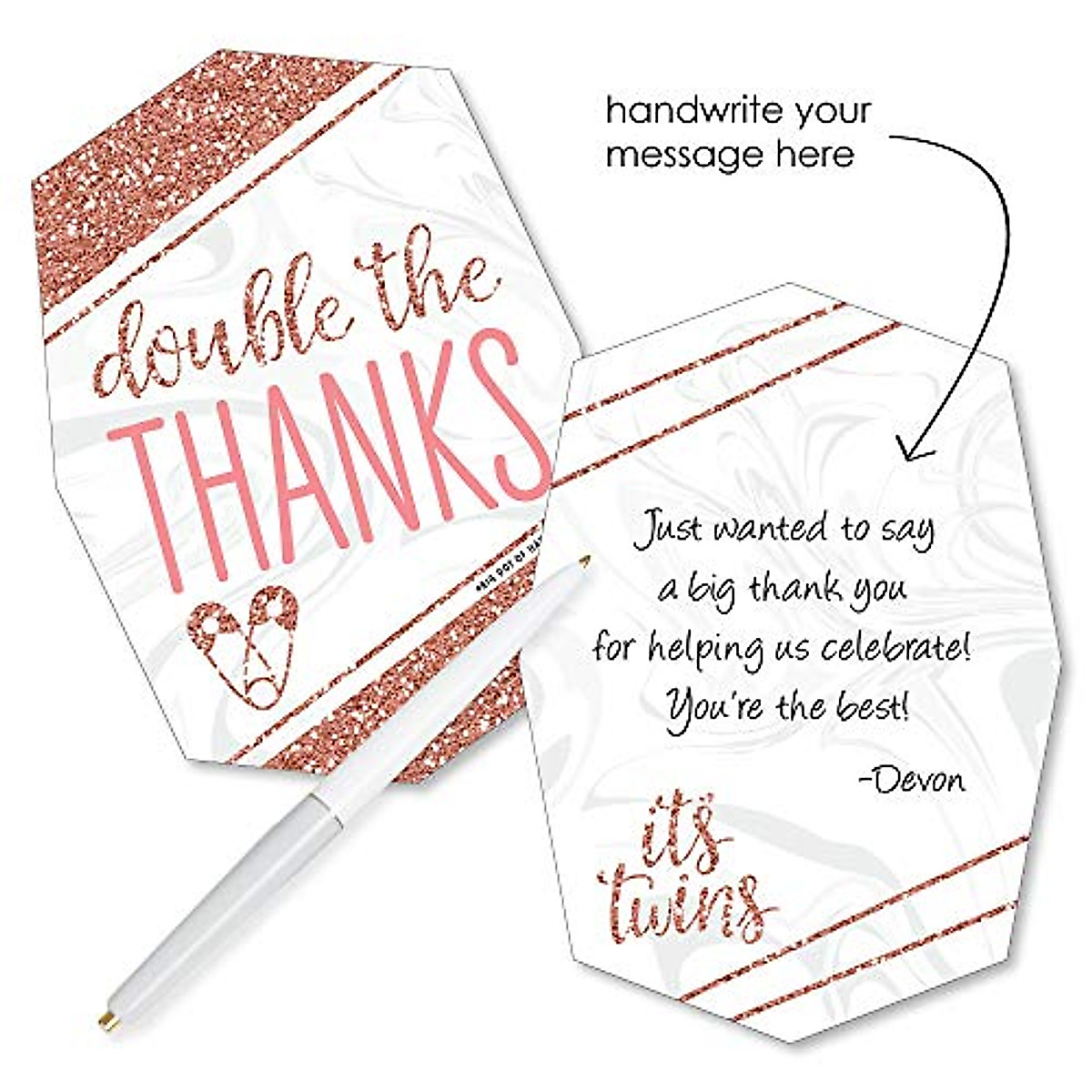 Big Dot of Happiness It's Twin Girls - Shaped - Pink and Rose Gold Baby Shower Thank You Note Cards with Envelopes - Set of 12