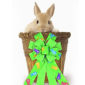 Easter Wreath Bows, Green Spots Rabbits Burlap Easter Bows for Wreaths - Large Easter Ribbon Bows for Easter Day Home Garden Indoor Outdoor Decoration Wreath Ornament Supplies