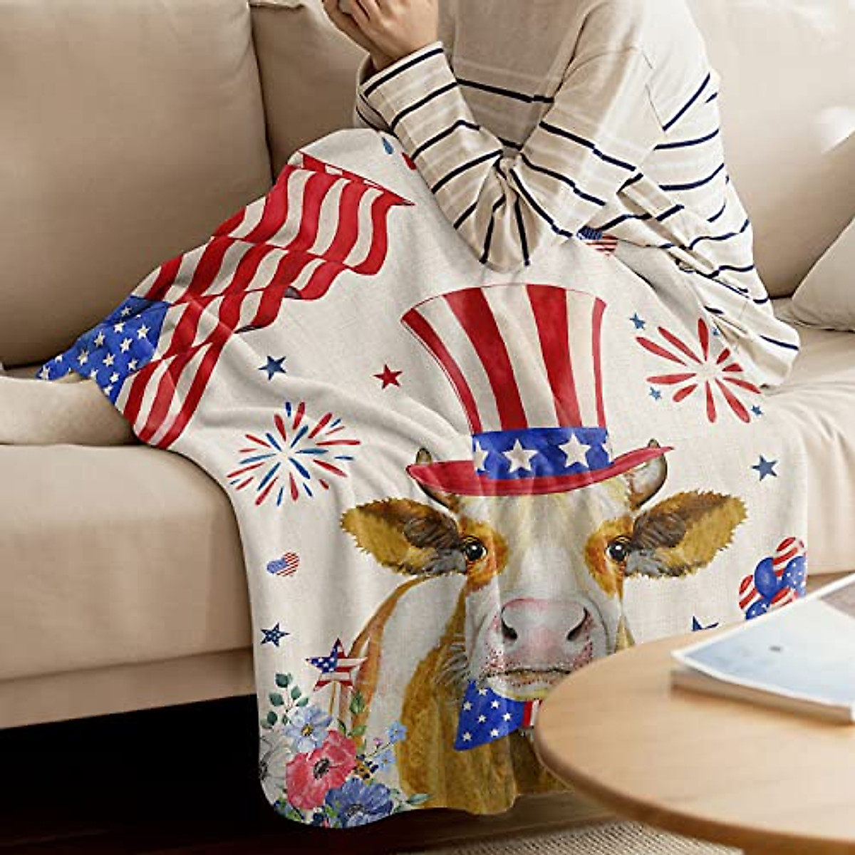 Throw Blanket Warm Soft Blanket Throws for Sofa Couch Bed, July 4th Independence Day Cow Star Flannel Fleece Bed Blanket Lightweight Cozy Plush Blanket for All Seasons 40x60 Inches