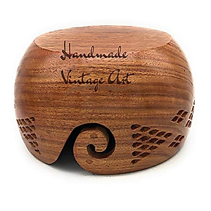 Handmade Sheesham Wood Crafted Wooden Yarn Storage Bowl with Carved Holes & Drills, Knitting Crochet Accessories, 7 x 7 x 4 inches