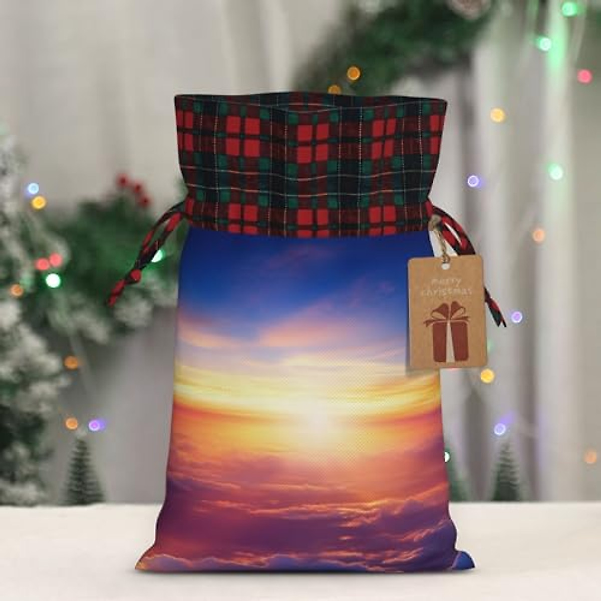 Christmas Gift Bags with Drawstring Burlap Gift Bags Sunrise Over Clouds Christmas Linen Bags for Xmas Party Candy Bags with Cards Xmas Reusable Wrapping Bags Christmas Linen Treat Bags for Holiday