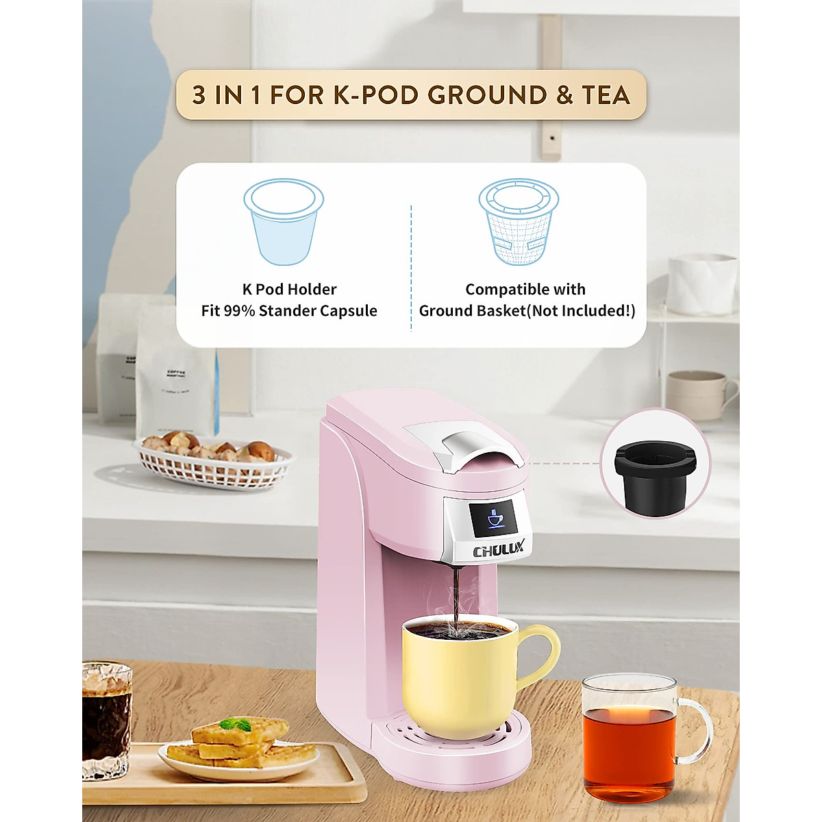 CHULUX Upgrade Single Serve Coffee Maker for K Cup & Ground Coffee, Pink Mini Single Cup Coffee Machine with One Touch Function, Fast Brewing in Minutes