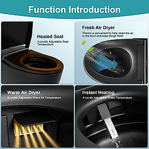 GIVINGTREE Black Smart Toilet with Auto Open Lid and Auto Flush, Modern Smart Tankless Instant Heating Toilet with Bidet Built in, Wireless RemoteControl and Smart Knob.
