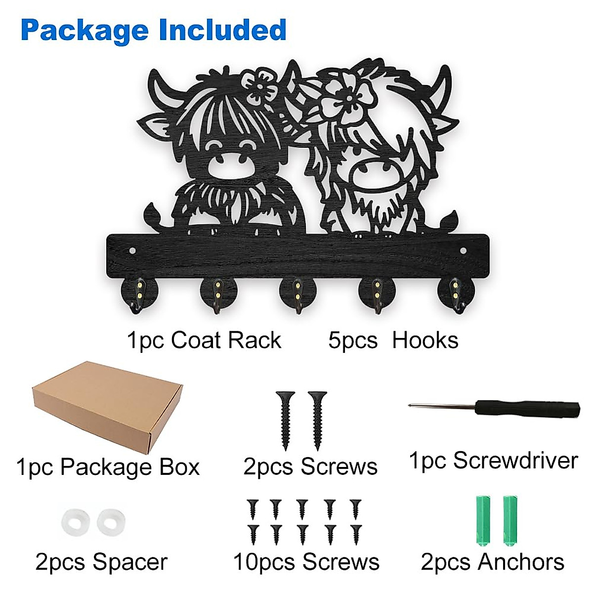 MAYJOYDIY Wooden Calf with Flower Key Holder for Wall 11.8x7.8inch Small Cows Wall Mounted Key Rack Animal Theme Coat Hat Hook 5 Alloy Hooks for Entryway Front Door Hallway Wall Art Decor