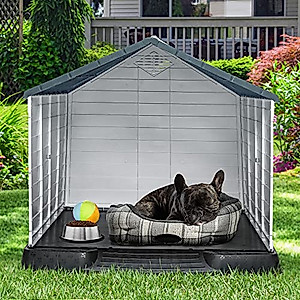YITAHOME Large Plastic Dog House Outdoor Indoor Insulated Doghouse Puppy Shelter Water Resistant Easy Assembly Sturdy Dog Kennel with Air Vents and Elevated Floor (28.5''L*26''W*28''H, Gray)