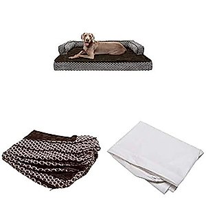 Furhaven Pet Bundle - Jumbo Plus Diamond Brown Memory Foam Plush Faux Fur & Décor Comfy Couch Sofa, Extra Dog Bed Cover, & Water-Resistant Mattress Liner for Dogs & Cats