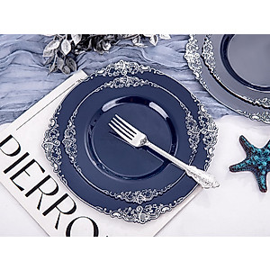 Hioasis 175pcs Blue Plastic Plates - Blue and Silver Plastic Plates Disposable Include 25 Dinner Plates,25 Dessert Plates,25 Knives,25 Forks,25 Spoons,25 Napkins Perfect for Wedding & Parties