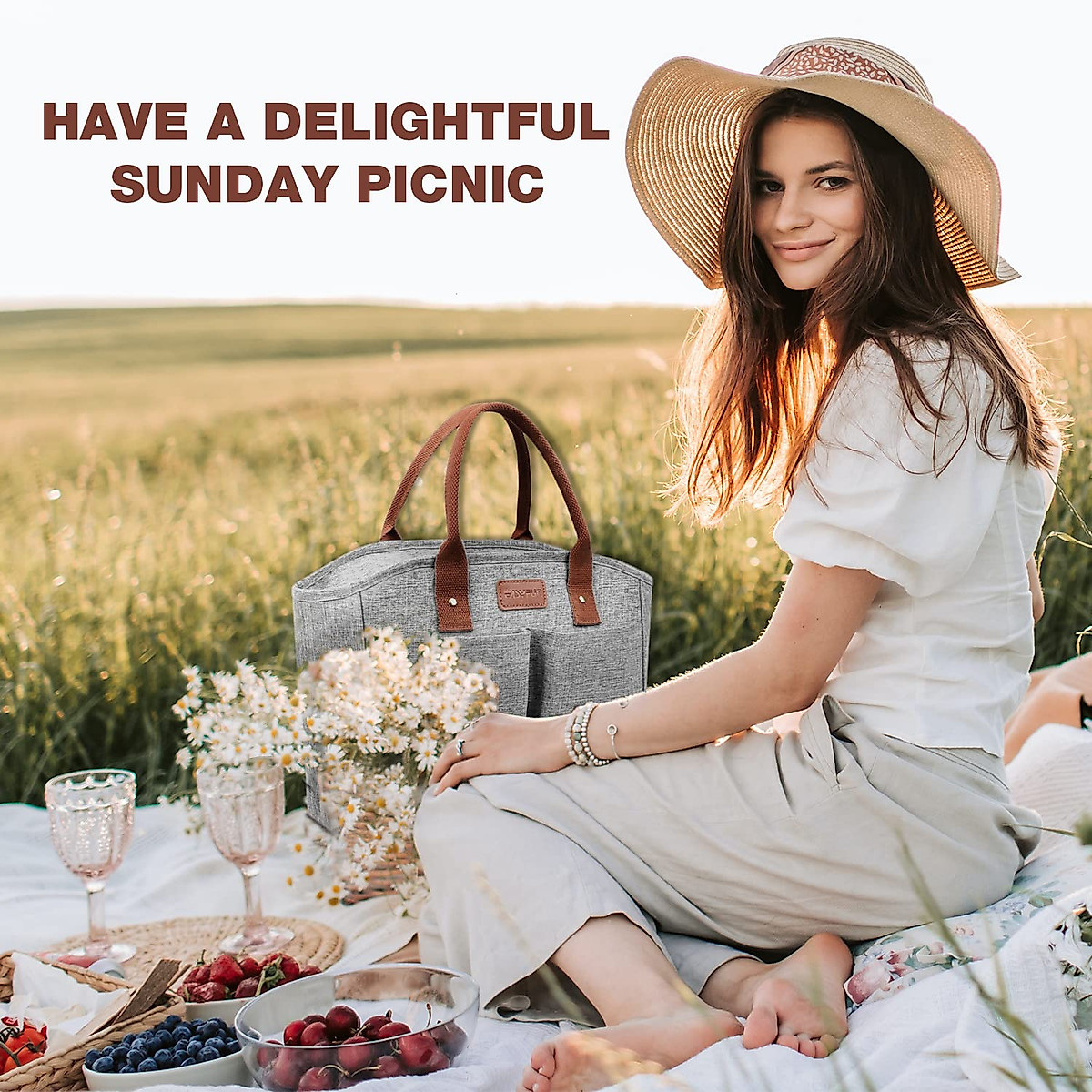 Lunch Bags for Women Insulated Thermal Lunch Tote Bag Durable Large Lunch Box Container Drinks Holder for Adults Men Work College Picnic Beach Park, Grey