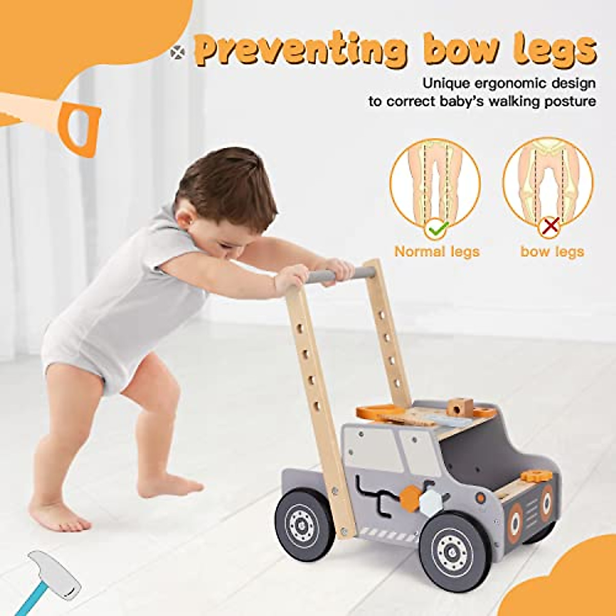 labebe Baby Push Walker, Tool Bench for Toddlers, Wooden Walker for Baby Boy and Girl, Kids Workbench, Baby Activity Center, Toddler Montessori Toys for 1-3 Year Old