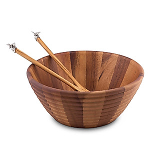 Vagabond House Bee Hive Shaped Wood Salad Bowl and Salad Server Set with Pewter Bee Accent 12.5 inch Diameter