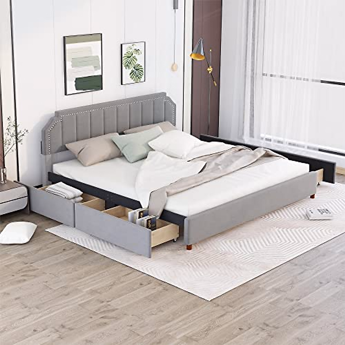 DEYOBED King Size Upholstered Platform Bed with Headboard, 4 Storage Drawers, and Support Legs, Bed Frame Perfect for Spacious Bedrooms - Sleek Grey Elegance