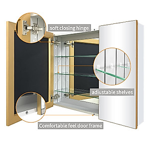 FOMAYKO Bathroom Medicine Cabinet with Farmhouse Gold Metal Framed 26(H) x30(W) Inches Double Sided Mirror Door Recess or Surface Mount Mirror Cabinet for Bathroom Toilet Kitchen
