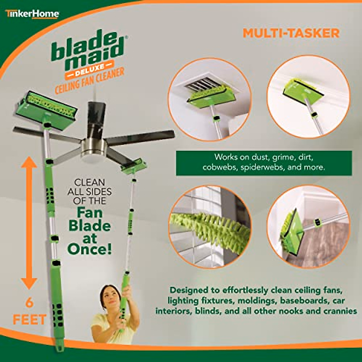 Blade Maid Deluxe Ceiling Fan Cleaner- Cleaning Tool with 6 Foot Extendable Pole, Cleaning Head, Reusable Fiber Duster, & Flexible Dusting Brush