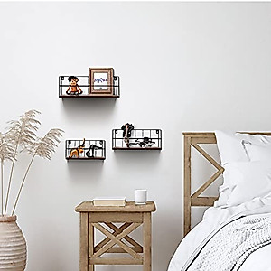 HORLIMER Floating Wall Shelves Set of 3, Rustic Wood Wire Frame Hanging Shelf for Bathroom Bedroom Living Room Kitchen