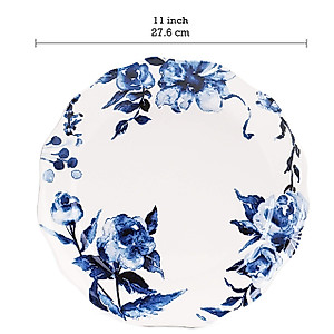 Bico Watercolor Blue Flower Scalloped Dinner Plates, Ceramic, 11 inch, Set of 4, for Pasta, Salad, Maincourse, Microwave & Dishwasher Safe