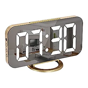 SZELAM Digital Alarm Clock,LED and Mirror Desk Clock Large Display,with Dual USB Charger Ports,3 Levels Brightness,12/24H,Modern Electronic Clock for Bedroom Home Living Room Office - Gold