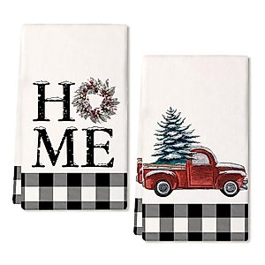 ARKENY Christmas Dish Towels for Christmas Decor Black Buffalo Plaid Kitchen Towels 18x26 Inch Xmas Wreath Snow Washcloths Seasonal Noel Red Truck Home Hand Towel for Cooking Set of 2