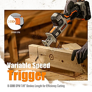 WORKSITE Brushless Reciprocating Saw, 20V Cordless One-Handed Reciprocating Saw w/2.0Ah Battery & 1-Hour Fast Charger, Variable Speed Trigger, 6 Saw Blades for Wood/Metal/PVC Pipe Cutting