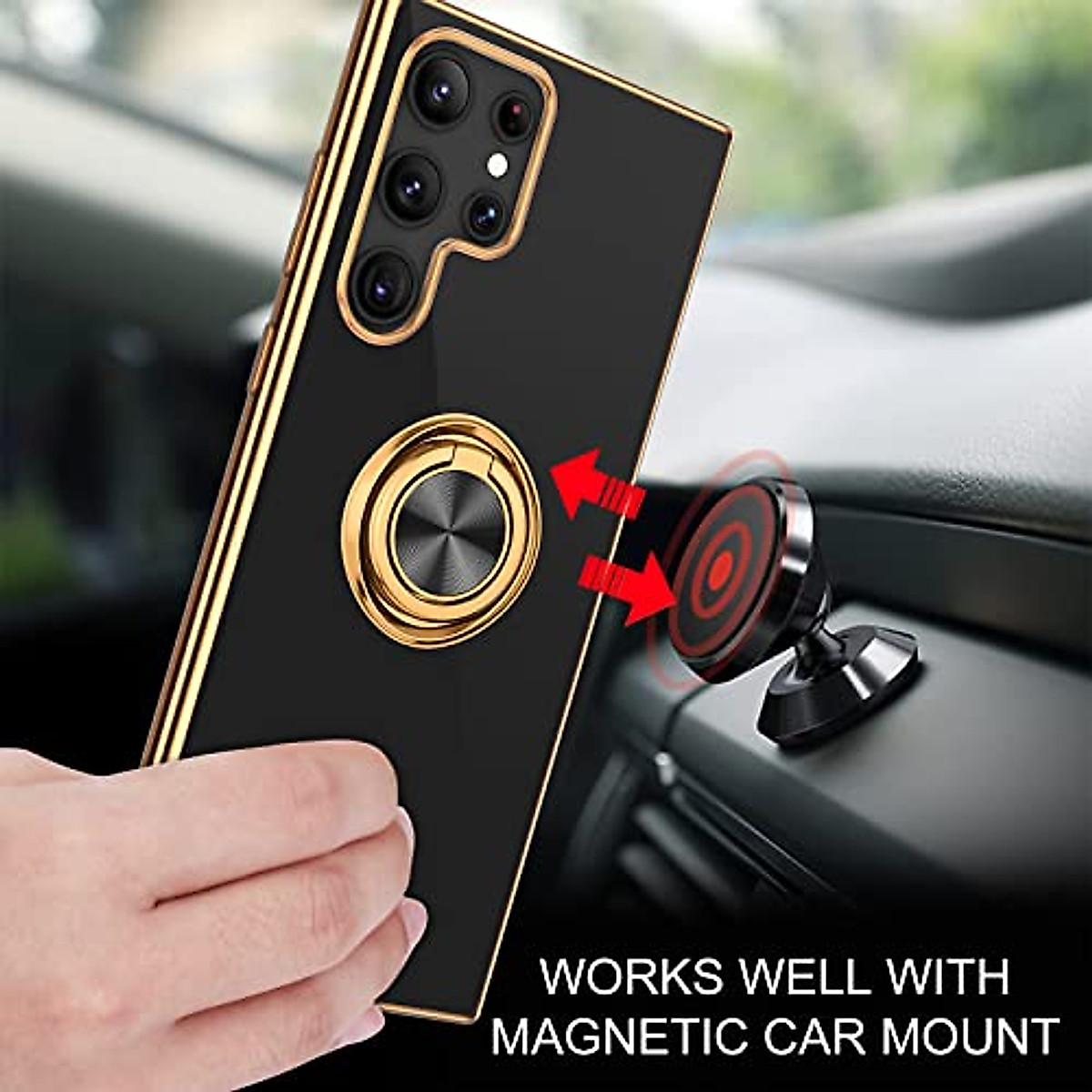 BENTOBEN Samsung S22 Ultra Case, 360° Ring Holder Kickstand Support Car Mount Elegant Plating Edge Slim Shockproof Soft TPU Protective Phone Cover for Samsung Galaxy S22 Ultra 6.8" 2022, Black/Gold