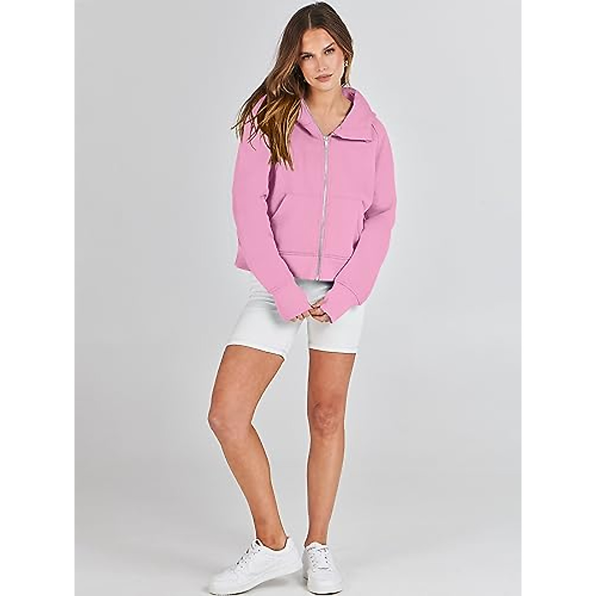 ANRABESS Women's Zip Up Cropped Hoodie Oversized Fall Sweatshirts Y2k Jacket Workout Crop Tops Rib Knitted Casual Long Sleeve Shirts Comfy Clothes A1015fense-M Pink
