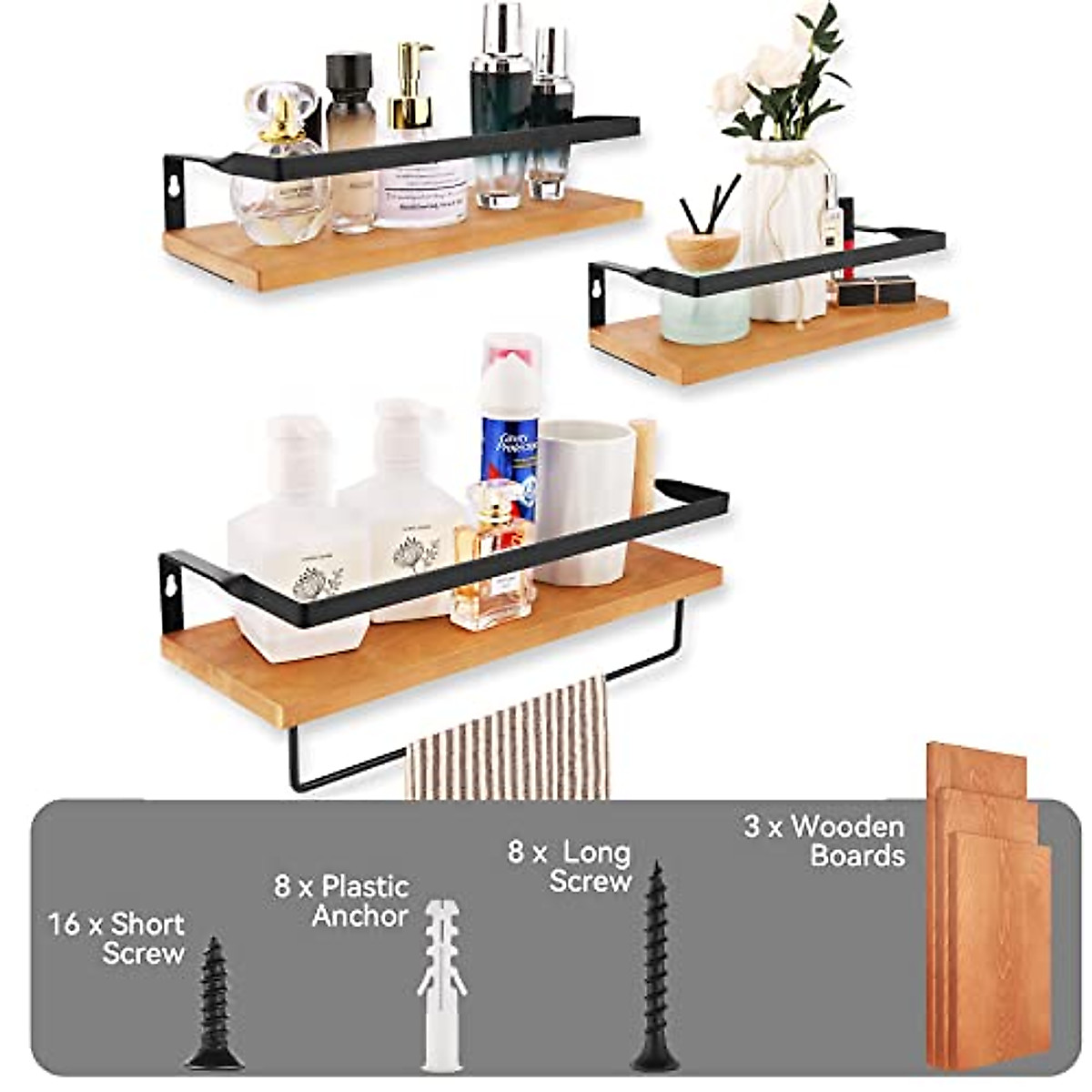 AKEYDIY Floating Shelves Wall Mounted Set of 3, Rustic Wood Wall Shelf with Metal Frame, Towel Rack for Bedroom, Living Room, Bathroom, Kitchen, Office and More