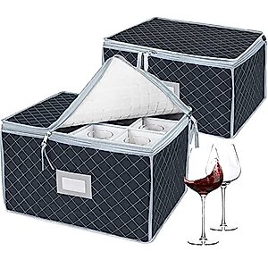 VERONLY Stemware Storage Cases - Holds 24 Wine Glass Storage or Crystal Glassware Containers with Lable Window,Fully-Padded Inside with Hard Sides(15.5" x 12.5"x 9.8")-Set of 2 Grey