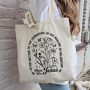 Haukea Canvas Bible Tote Bag Aesthetic for Women Cute Flower Butterfly Christian Gifts Tote Bags with Zipper Pockets Graphic Church Bag