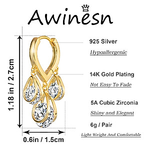 Awinesn Gold Earrings for Women Sparkly 5A Cubic Zirconia Earrings Danity 14k Gold Plated Hoop Dangle Earrings Statement Dangling Earrings Jewelry Gifts for Women