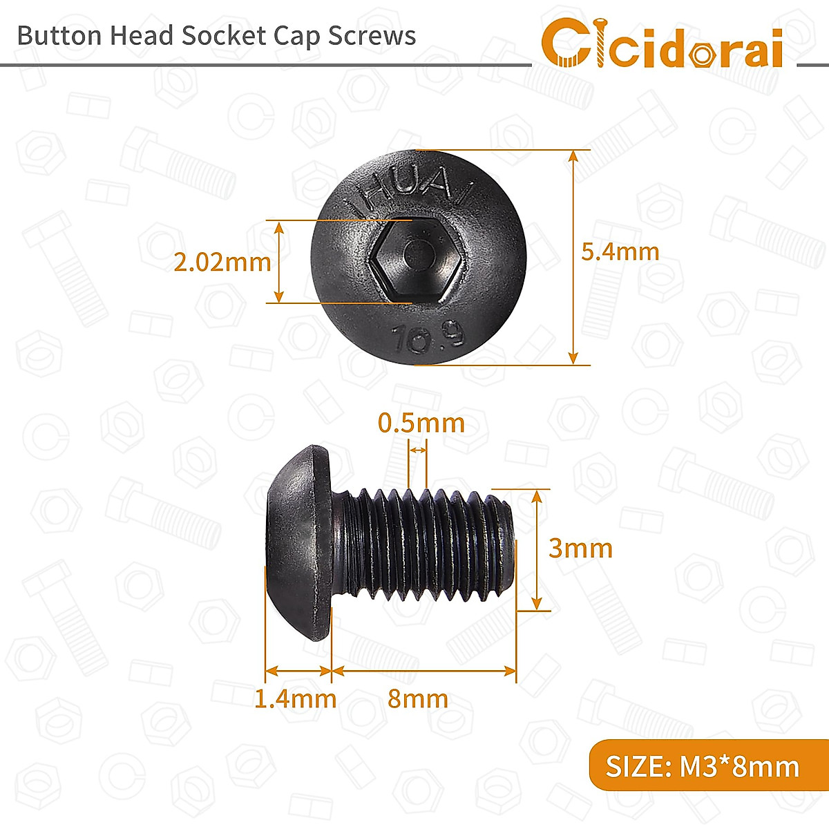 Cicidorai M3-0.5 x 8mm Button Head Socket Cap Bolts Screws, 10.9 Grade Alloy Steel, Black Oxide Finish, Machine Thread, Allen Socket Drive, Quantity 100