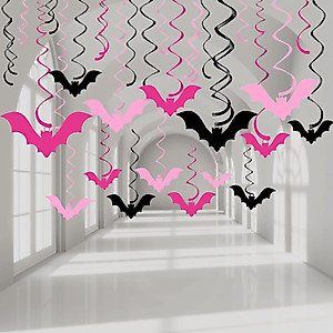 JarThenaAMCS 60Pcs Halloween Hanging Swirl Decoration Black Pink Bat Hanging Streamers 3 Colors Cutout Cardboard Ornament Ceiling Spirals for Home Party Decor