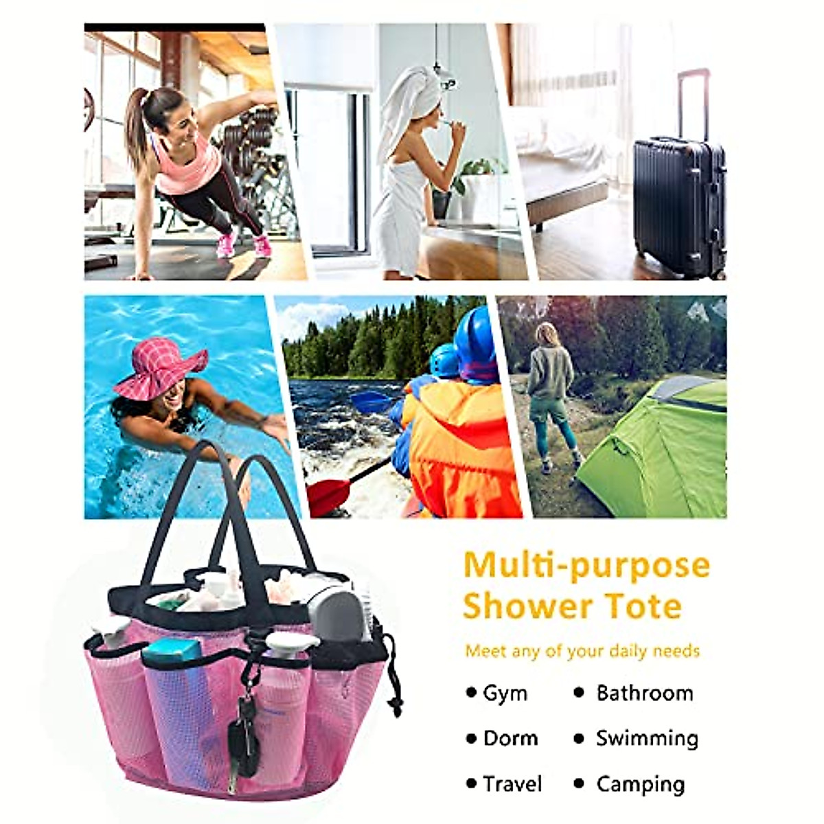 Moyad Large Mesh Shower Caddy Tote Large Tote Bag Beach Bag Hanging Travel Shower Caddy Portable Cleaning Caddy Shower Organizer Camping Accessories College Dorm Room Essentials for Girls Women, Pink