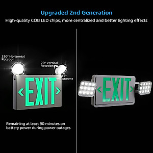 TORCHSTAR Green LED Exit Sign with Emergency Lights, UL 924, Emergency Exit Light with Battery Backup, Adjustable Heads, Fire Exit Sign with Lights, Double Face, AC 120/277V, Damp Location, Pack of 2