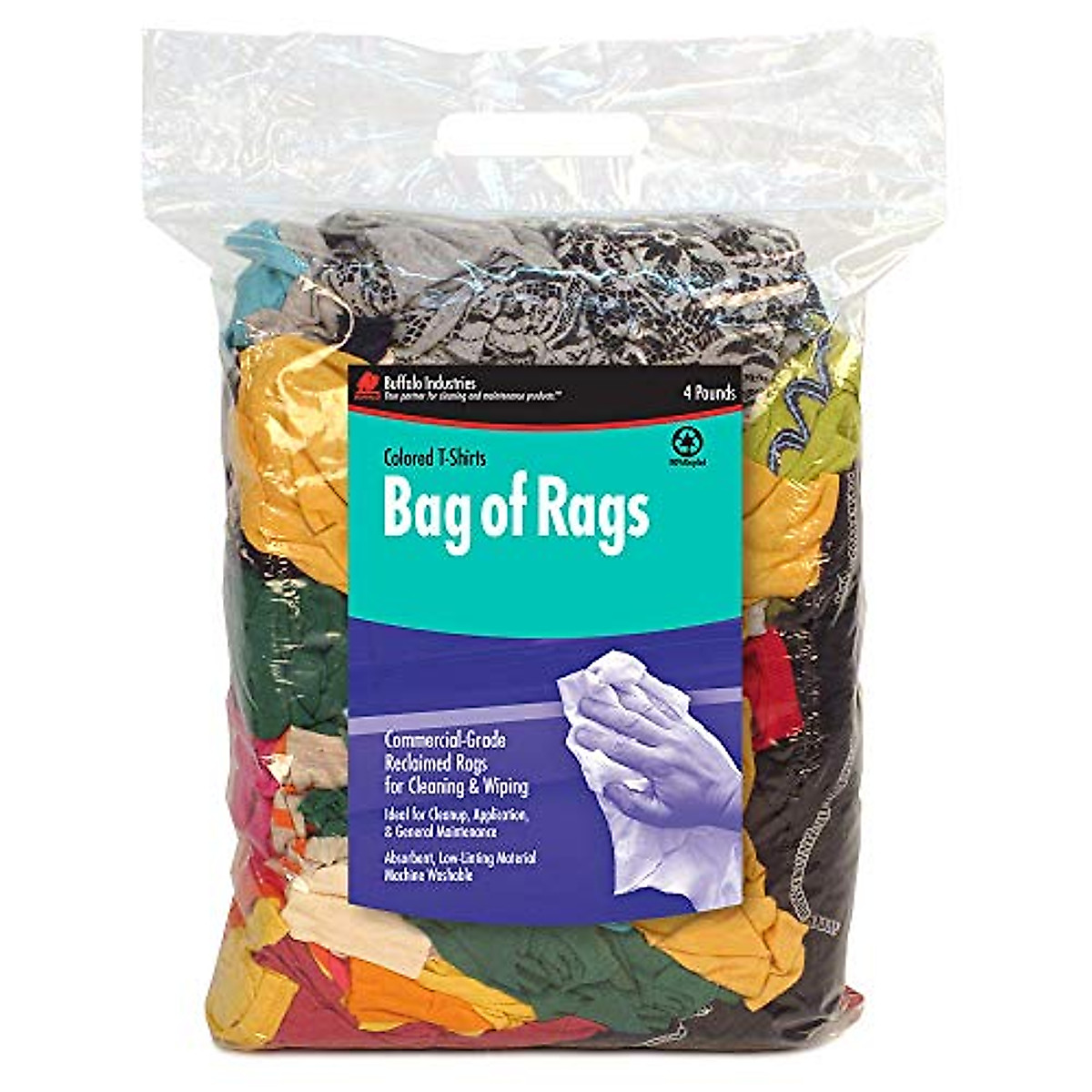 Buffalo Industries (10080PB) Recycled Multicolored T-Shirt Cloth Rags, 4 lb. bag, All-Purpose Rag for Cleaning, Paint Spills and Cleanup, Staining, Polishing, Dusting, Made from Recycled Materials