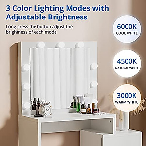 Cozy Castle White Vanity Desk with Mirror and Lights, Makeup Desk with Storage Cabinet, Small Vanity Table for Bedroom