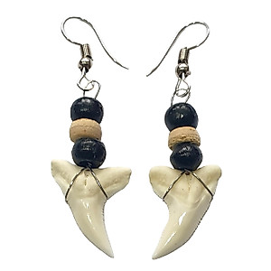 Genuine Mako Shark Tooth Earrings, Handmade Wooden Beads Dangle Shark Tooth Earrings for Women Jewelry GA056-A