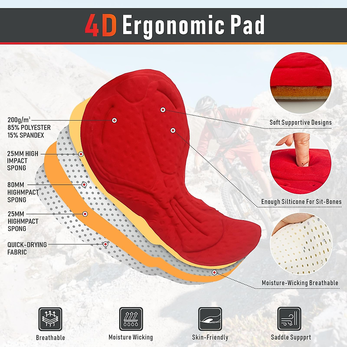 Przewalski Mens Cycling Underwear Shorts 4D Padded Bike Undershorts Bicycle MTB Liner Shorts with Silicone Leg Grippers Grey