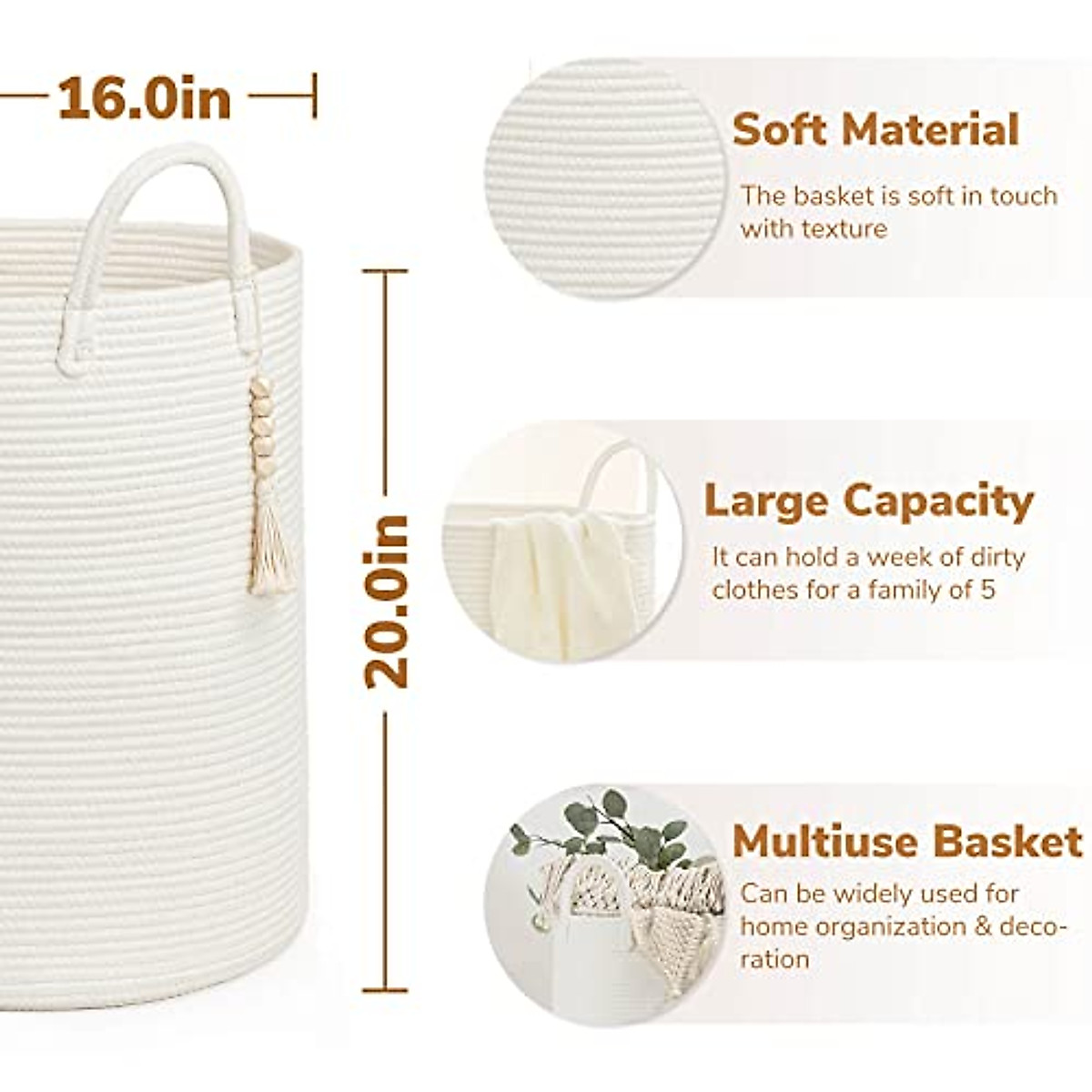 Goodpick White Laundry Basket with Handles, Tall Woven Laundry Hamper for Clothes, Towels, Pillows, Toys, Decorative Blanket Basket for Living Room, Bedroom, Playroom, 16 x 20 inches