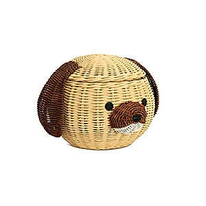 G6 COLLECTION Dog Rattan Storage Basket with Lid Decorative Bin Home Decor Hand Woven Shelf Organizer Cute Handmade Handcrafted Gift Art Decoration Artwork Wicker Puppy (Dog Head)