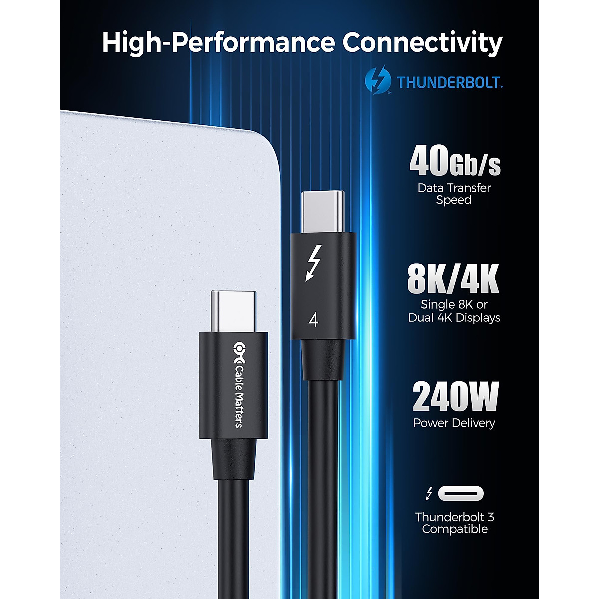 Cable Matters [Intel Certified] 40Gbps Thunderbolt 4 Cable 2.6ft with 8K Video and 240W Charging - 0.8m, Compatible with USB4, Thunderbolt 3 Cable and USB-C