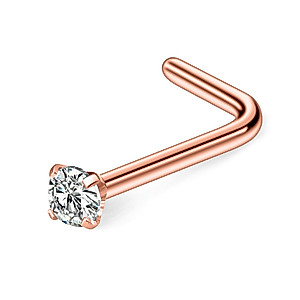 Ruifan 1PC 20G 316L Surgical Steel 2mm Clear Round Diamond Cubic Zirconia Crystal Nose L Shaped Studs Rings Piercing Jewelry - Rose Gold
