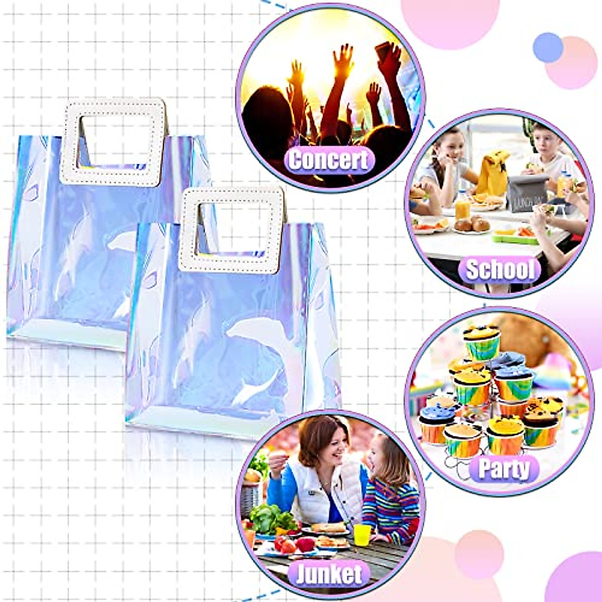 CHENGU 10 Pcs Holographic Gift Bags Clear Iridescent Reusable Birthday Gift Bags Handle PVC Gift Wrap Shopping Bags Waterproof Transparent Tote for Women Girl Wedding Party Baby Shower (7 x 8 x 4 Inch)