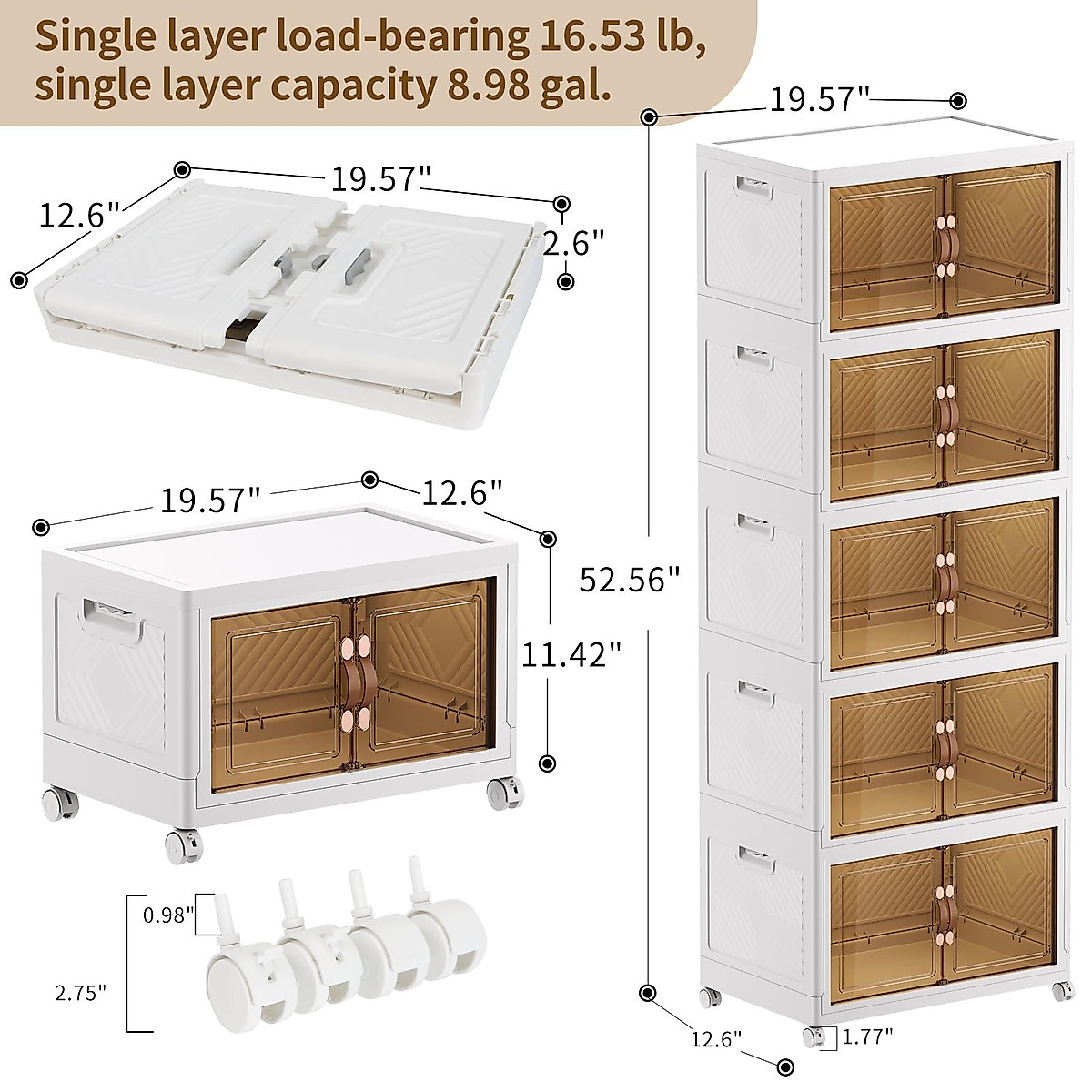 Carrie Joe Storage Bins with Lids Collapsible Storage Cabinet Closet Organizer Stackable Clothes & Book Storage Foldable Plastic Container with Door Crate for Shoes Cabinet