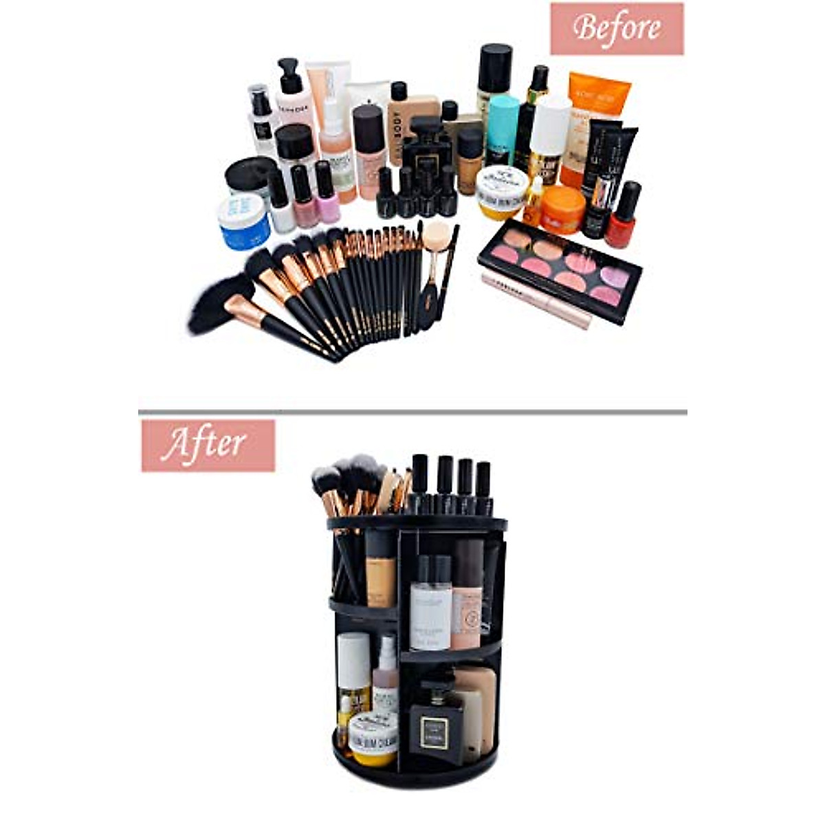 360 Rotating Makeup Organizer, DIY Adjustable Cosmetics Carousel Spinning Holder Storage Rack, Large Capacity, Eliminates Bathroom Countertop Clutter, Black, Luxx Chicc (Black)