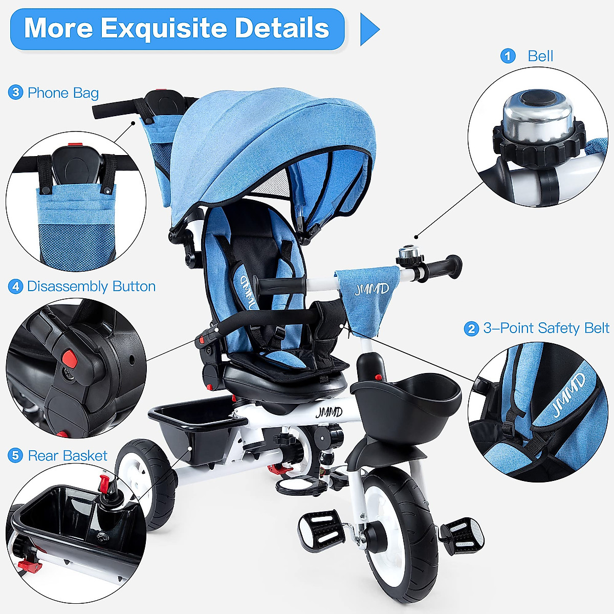 JMMD Baby Trike, 6-in-1 Kids Tricycle with Adjustable Push Handle, Removable Canopy, Safety Harness for 18 Months - 5 Year Old, Blue