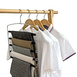 Homa Jia Pants Hangers Space Saver 3 Pack and 4 Heavy Duty Clips, Space Saving Multi Bar Metal Pant Hangers, Stable with Non-Slip Padding, Perfect for Hang Jeans Trousers Ties Scarf Belt Etc