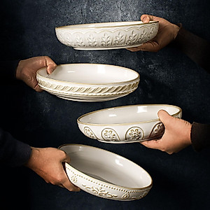 Artena Pasta Bowls, 50oz Large Salad Serving Bowls, 9.75'' Plates Bowls Set of 4, Big White Ceramic Soup Bowls for Kitchen, Embossment Shallow Dinner Bowl, Microwave Dishwasher Safe, Multiple Patterns