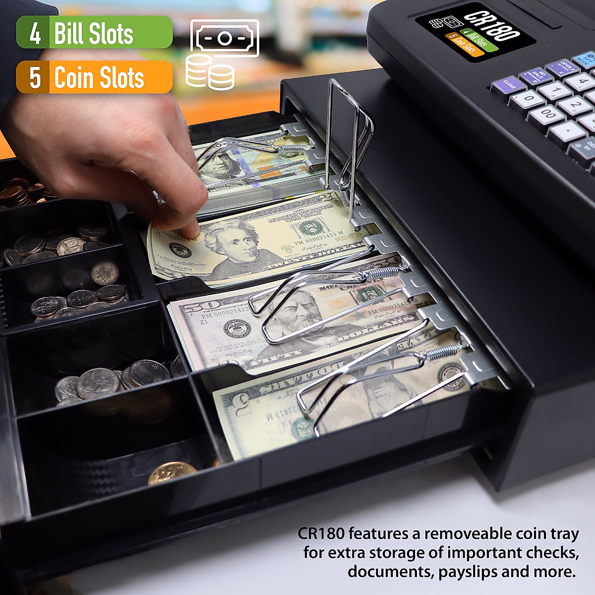 Nadex CR180 Electronic Cash Register, Steel Cash Drawer, Compact Design, Black